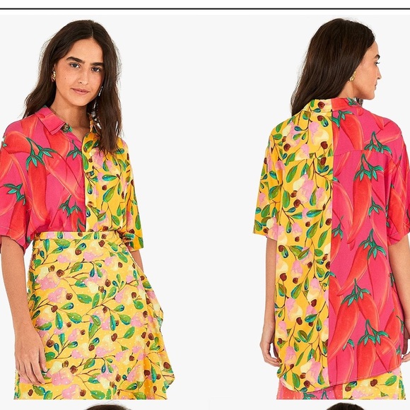 FARM Rio | Tops | Farm Rio Yellow Pink Garden Mix Button Down Shirt ...